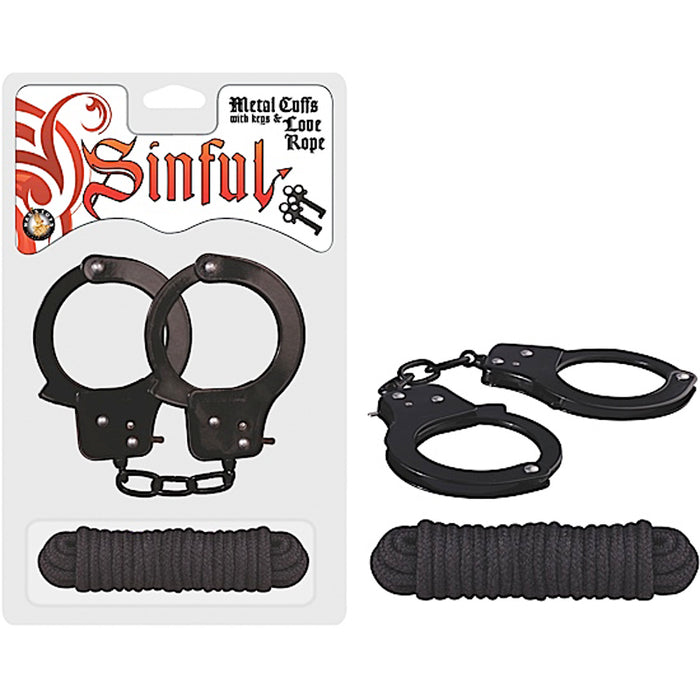 Sinful Metal Cuffs With Keys & 118in. Love Rope (Black) — Nalpac