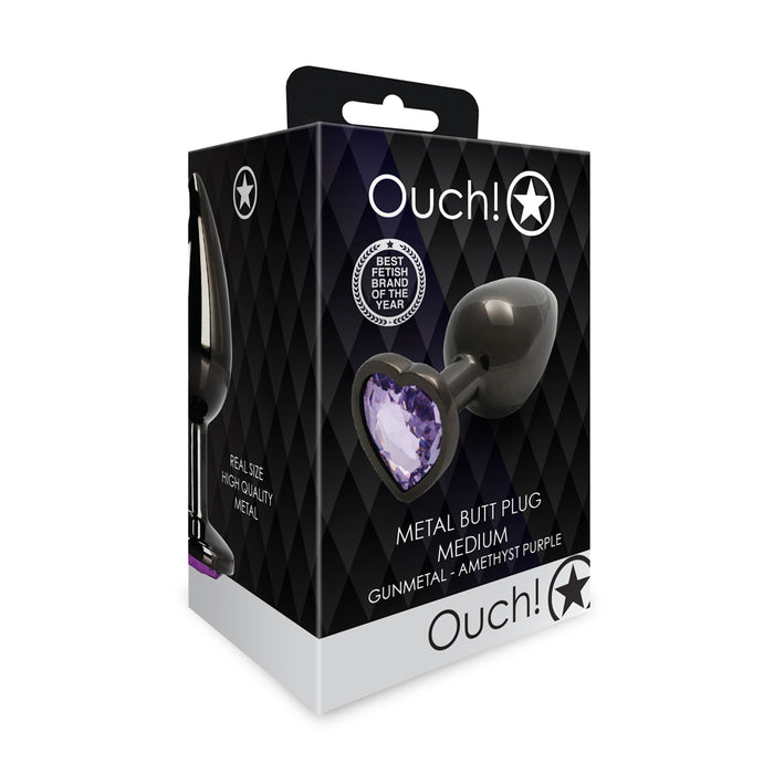 Shots Ouch! Heart Gem Butt Plug Medium Gunmetal/Amethyst — Nalpac