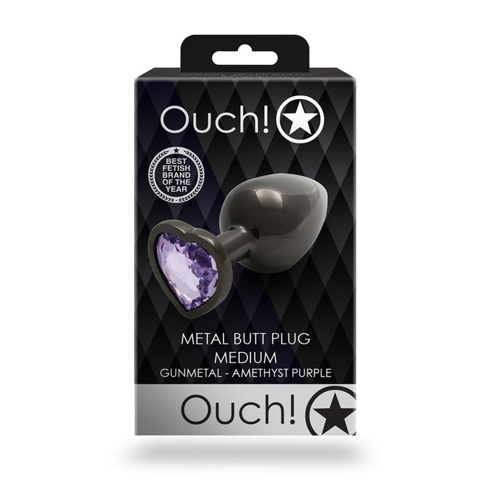Shots Ouch! Heart Gem Butt Plug Medium Gunmetal/Amethyst — Nalpac
